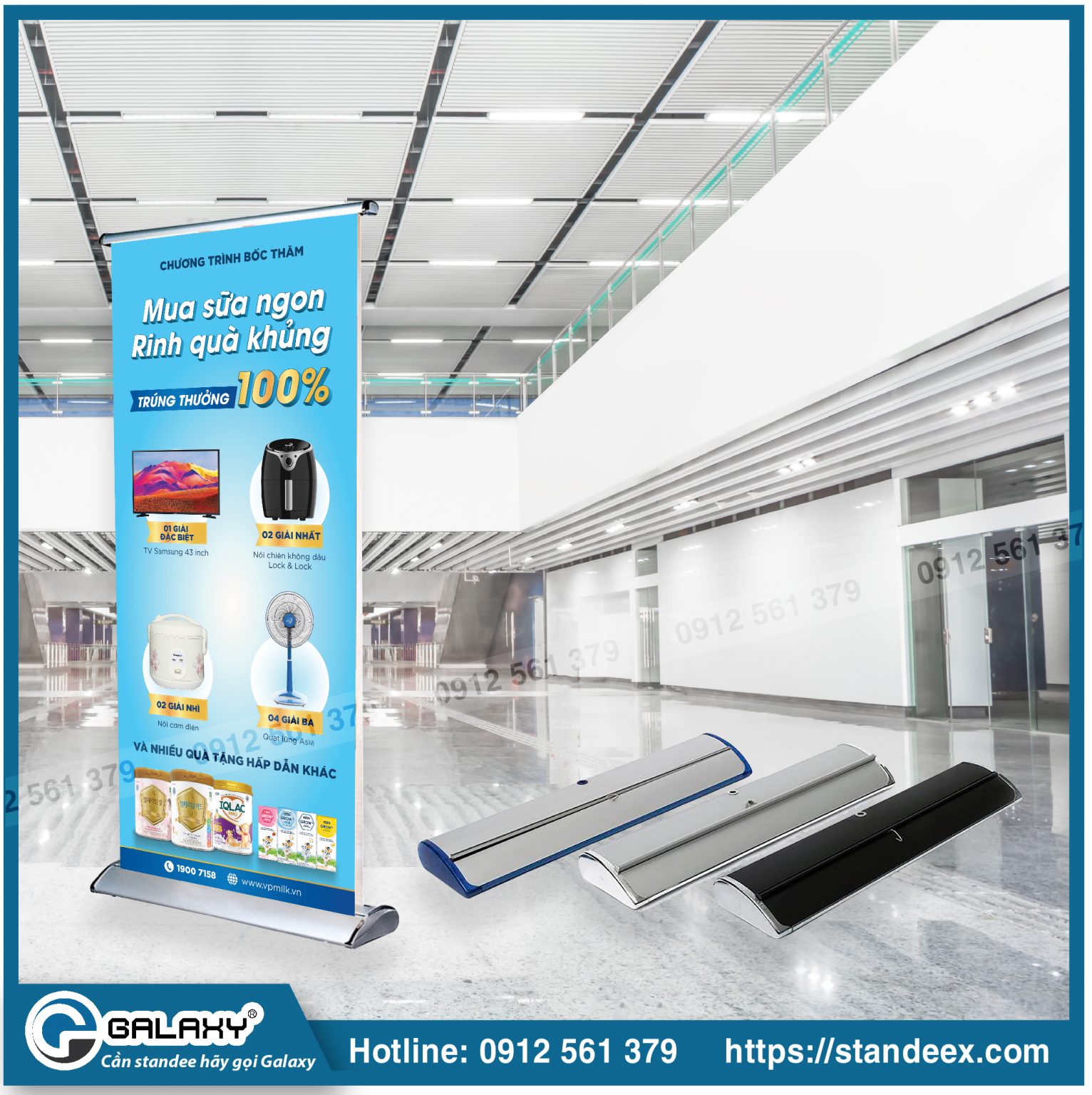 Galaxy nhập khẩu, phân phối standee, booth sampling, bảng giá siêu thị